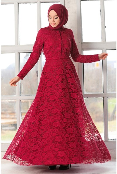 Neva Style Tesettürlü Abiye Elbise - Dantel Işlemeli Bordo Tesettür Abiye Elbise 54720BR
