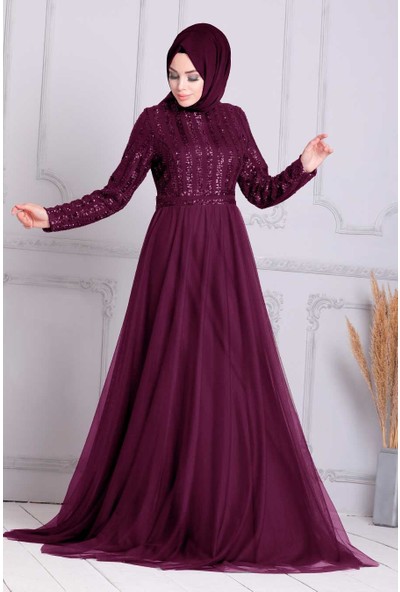 Neva Style Tesettürlü Abiye Elbise - Pul Payetli Mürdüm Tesettür Abiye Elbise 5338MU