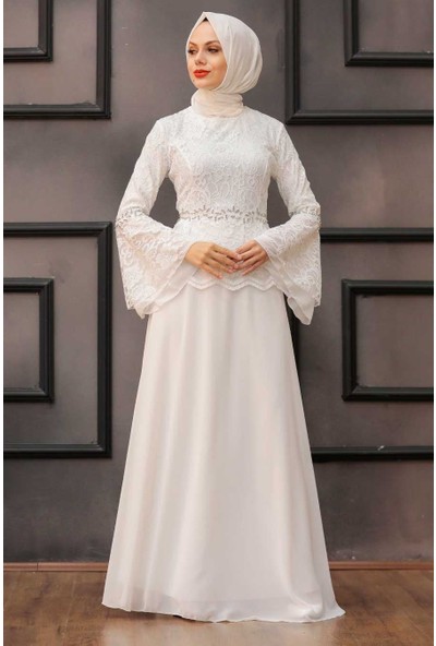 Neva Style - Dantelli Beyaz Tesettür Abiye Elbise 20671B Neva Style - Dantelli Beyaz Tesettür Abiye Elbise 20671B