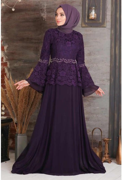 Neva Style - Dantelli Mor Tesettür Abiye Elbise 20671MOR Neva Style - Dantelli Mor Tesettür Abiye Elbise 20671MOR