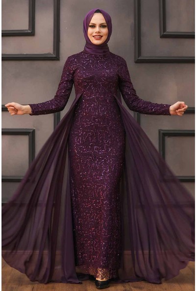 Neva Style Nayla Collection - Pullu Mürdüm Tesettür Abiye Elbise 90000MU Neva Style Nayla Collection - Pullu Mürdüm Tesettür Abiye Elbise 90000MU