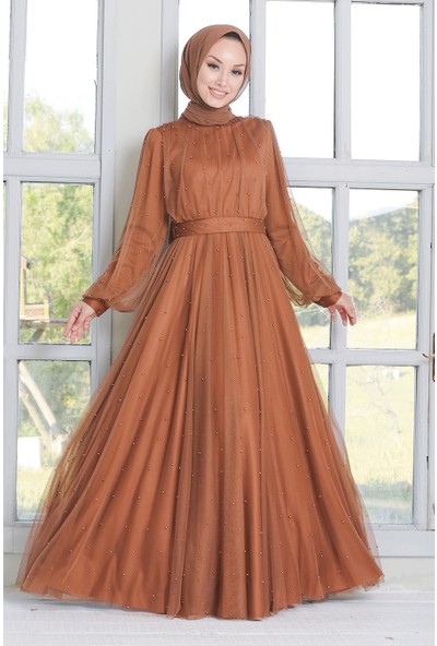 Neva Style Neva Style - Inci Detaylı Taba Tesettür Abiye Elbise 50080TB Neva Style Neva Style - Inci Detaylı Taba Tesettür Abiye Elbise 50080TB