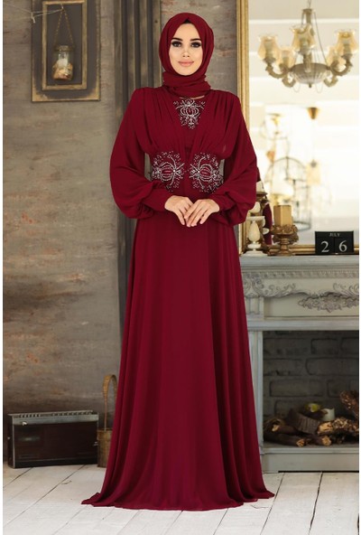 Neva Style Neva Style - Dantelli Bordo Tesettür Abiye Elbise 9118BR Neva Style Neva Style - Dantelli Bordo Tesettür Abiye Elbise 9118BR