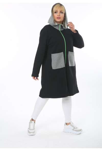 XL Modam Kadın Büyük Beden Cep Detaylı Kapişonlu Hırka