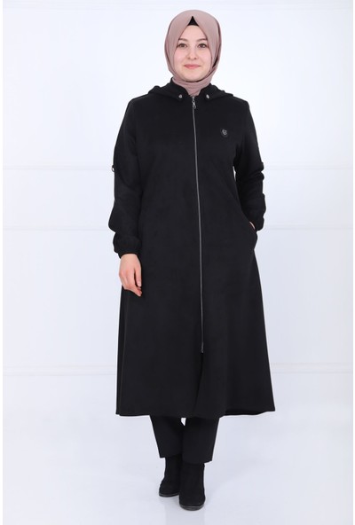Kombinal Kadın Siyah Kapüşonlu Tesettür Büyük Beden Süet Kap 8551 Kombinal Kadın Siyah Kapüşonlu Tesettür Büyük Beden Süet Kap 8551