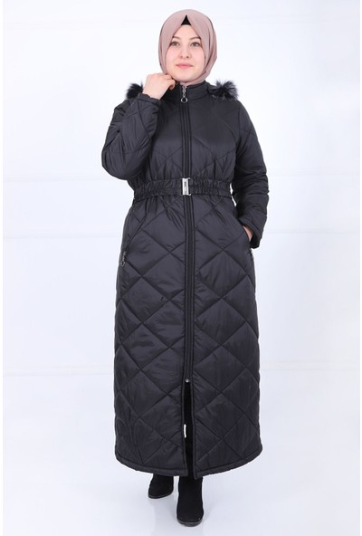 Kombinal Kadın Siyah Kemerli Tesettür Büyük Beden Şişme Mont 903