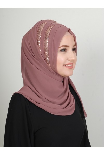 Yasmin She 2P2P Payetli Modern Şal Hazır Türban Gül Kurusu Renk Yasmin She 2P2P Payetli Modern Şal Hazır Türban Gül Kurusu Renk