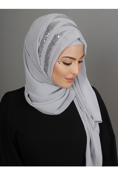 Yasmin She 2P2P Payetli Modern Şal Hazır Türban Gri Renk Yasmin She 2P2P Payetli Modern Şal Hazır Türban Gri Renk