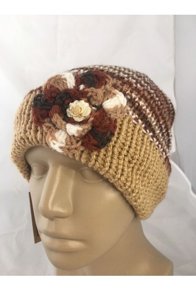 DRT Tasarım Çift Kat Çiçek Detaylı Batik Açık Kahve Bere DRT Tasarım Çift Kat Çiçek Detaylı Batik Açık Kahve Bere