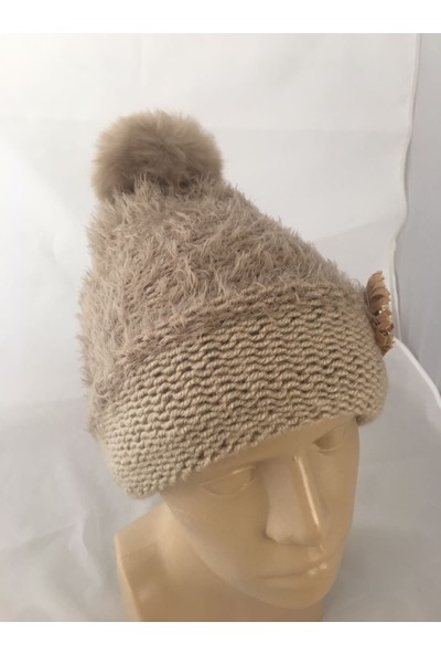 DRT Tasarım Çift Kat Çiçek Ponponlu Kürk Kahverengi Bere