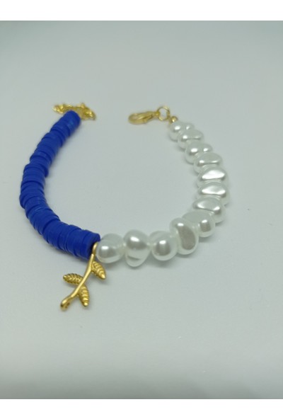 Mavi Çerçi Fimo ve Incili Bileklik Mavi Çerçi