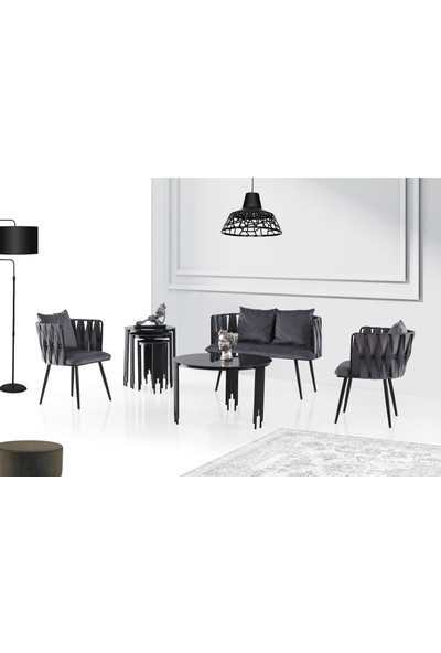 Zeytun Metal Çay Seti Koltuk Takımı Siyah Ayak Gri Kumaş