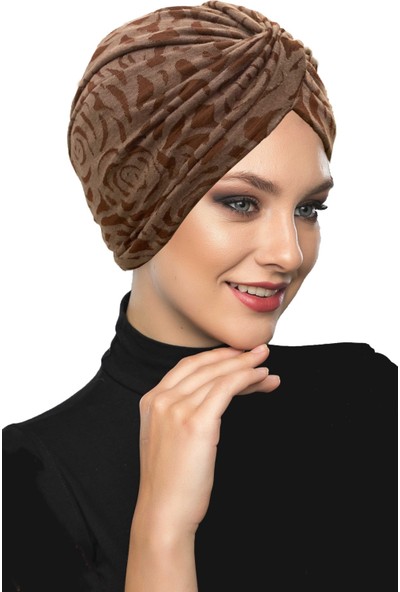 Fidan Bone Fidan Desenli Çapraz Penye Kiremit Rengi Gül Motifli Hazır Türban Tesettür Havuz Bonesi