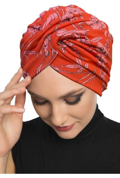 Fidan Bone Fidan Desenli Çapraz Penye Nar Çiçeği Pudra Yaprak Desenli Hazır Türban Tesettür Havuz Bonesi