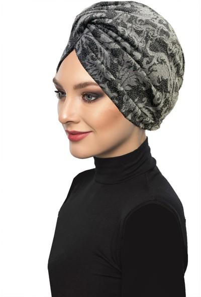 Fidan Bone Desenli Çapraz Penye Siyah Füme Yazma Desenli Hazır Türban Tesettür Havuz Bonesi