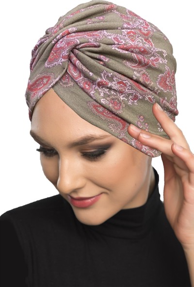 Fidan Bone Desenli Çapraz Penye Sütlü Kahve Yazma Desenli Hazır Türban Tesettür Havuz Bonesi