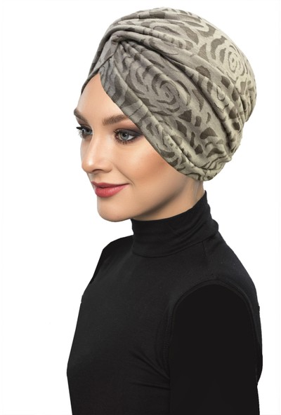 Fidan Bone Fidan Desenli Çapraz Penye Vizon Gül Desenli Hazır Türban Tesettür Havuz Bonesi