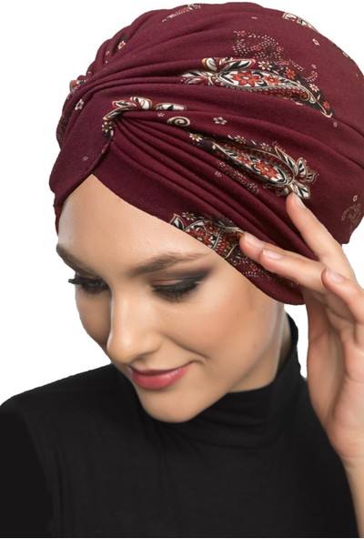Fidan Bone Desenli Çapraz Penye Bordo Yazma Desenli Hazır Türban Tesettür Havuz Bonesi