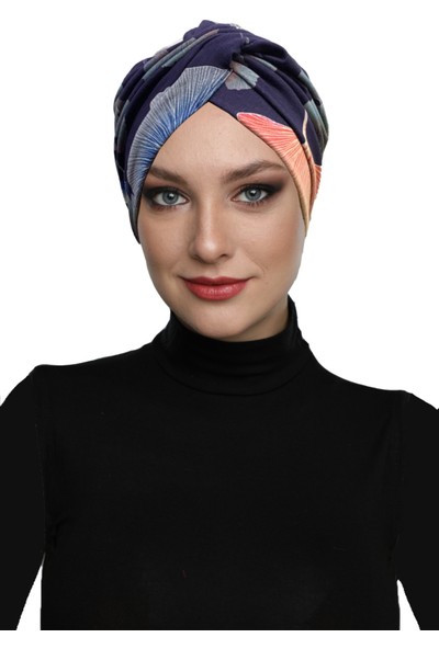 Fidan Bone Fidan Desenli Çapraz Penye Lacivert Renkli Yaprak Desenli Hazır Türban Tesettür Havuz Bonesi