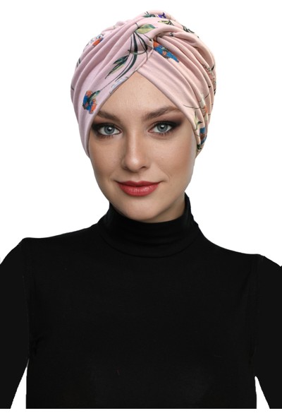 Fidan Bone Fidan Desenli Çapraz Penye Pudra Begonya Desenli Hazır Türban Tesettür Havuz Bonesi