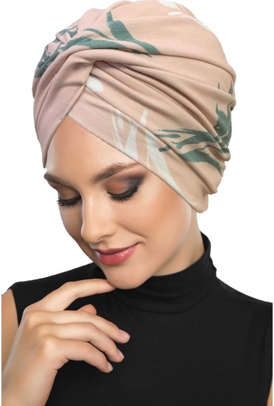 Fidan Bone Desenli Çapraz Penye Pudra Desenli Hazır Türban Tesettür Havuz Bonesi