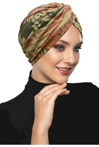 Fidan Bone Fidan Desenli Çapraz Penye Yeşil Palmiye Desenli Hazır Türban Tesettür Havuz Bonesi