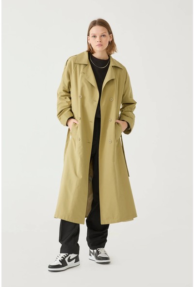 Suud Collection Açık Yeşil Uzun Kruvaze Trençkot