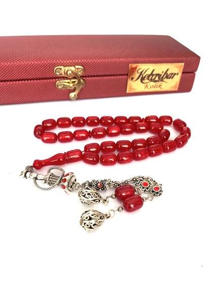 Kehribarkolik Simli Kırmızı Sıkma Kehribar Tesbih