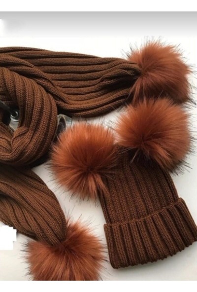 Crystal Shop Çift Ponponlu Unisex Çocuk Atkı ve Bere Takımı