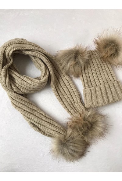 Crystal Shop Çift Ponponlu Bej Çocuk Atkı ve Bere Takımı