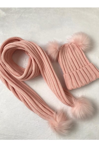 Crystal Shop Çift Ponponlu Pudra Çocuk Atkı ve Bere Takımı