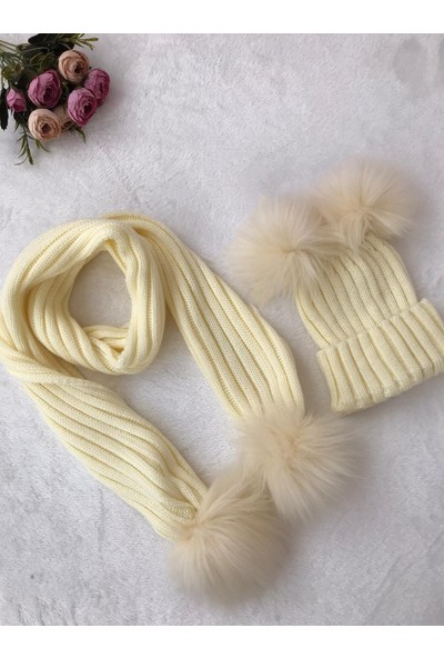 Crystal Shop Çift Ponponlu Krem Çocuk Atkı ve Bere Takımı