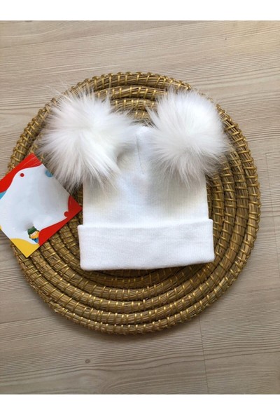 Crystal Shop Çift Ponponlu Beyaz Çocuk Bere