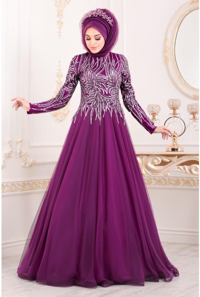 Neva Style Tesettürlü Abiye Elbise - Simli Desenli Mürdüm Tesettür Abiye Elbise 20690MU