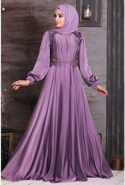 Neva Style Tesettürlü Abiye Elbise - Dantelli Lila Tesettür Abiye Elbise 21640LILA