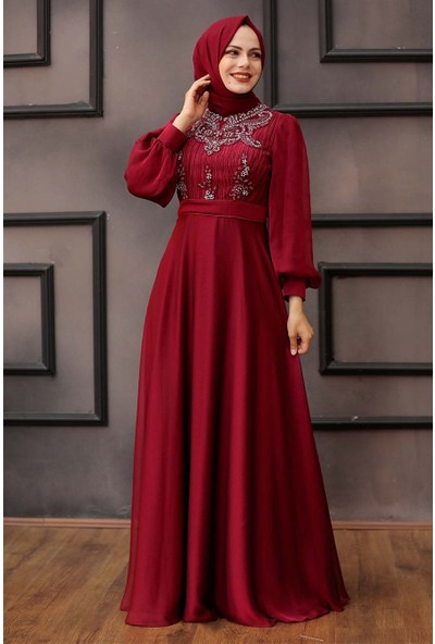 Neva Style Tesettürlü Abiye Elbise - Balon Kol Bordo Tesettür Abiye Elbise 2155BR Neva Style Tesettürlü Abiye Elbise - Balon Kol Bordo Tesettür Abiye Elbise 2155BR