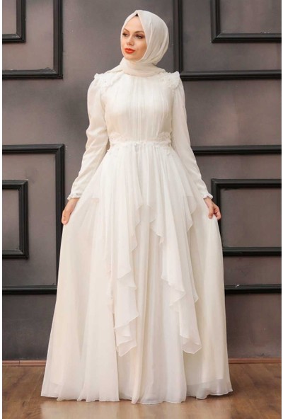 Neva Style Tesettür Abiye Elbise - Fırfır Detaylı Ekru Tesettür Abiye Elbise 21850E Neva Style Tesettür Abiye Elbise - Fırfır Detaylı Ekru Tesettür Abiye Elbise 21850E