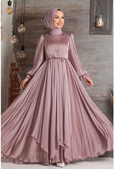 Neva Style Tesettürlü Abiye Elbise - Balon Kol Pudra Tesettür Abiye Elbise 21910PD Neva Style Tesettürlü Abiye Elbise - Balon Kol Pudra Tesettür Abiye Elbise 21910PD