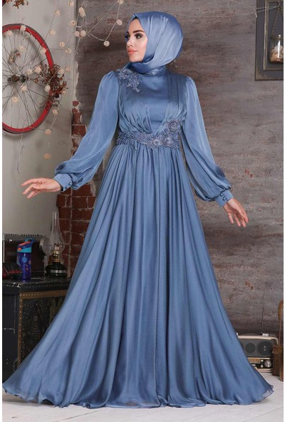 Neva Style Tesettürlü Abiye Elbise - Dantelli Indigo Tesettür Abiye Elbise 21630IM Neva Style Tesettürlü Abiye Elbise - Dantelli Indigo Tesettür Abiye Elbise 21630IM