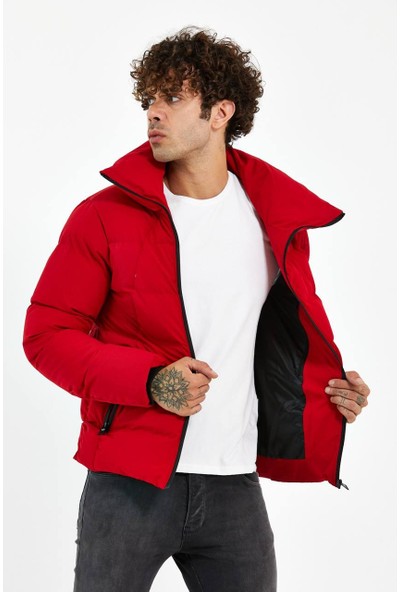 Akın Oversize Mat Kırmızı Yumuşak Doku Çapraz Yaka Içi Astarlı Erkek Mont