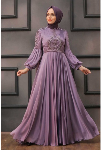Neva Style Pelerinli Lila Tesettür Abiye Elbise 2212LILA