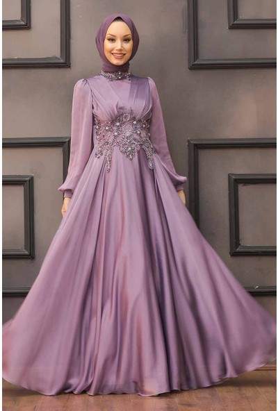Neva Style Dantelli Lila Tesettür Abiye Elbise 22150LILA