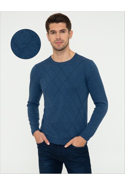 Pierre Cardin Indigo Melanj Slim Fit Bisiklet Yaka Triko Kazak 50248527-VR155 Pierre Cardin Indigo Melanj Slim Fit Bisiklet Yaka Triko Kazak 50248527-VR155
