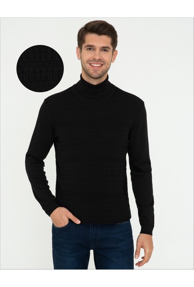 Pierre Cardin Siyah Slim Fit Tam Balıkçı Yaka Triko Kazak 50248528-VR046 Pierre Cardin Siyah Slim Fit Tam Balıkçı Yaka Triko Kazak 50248528-VR046