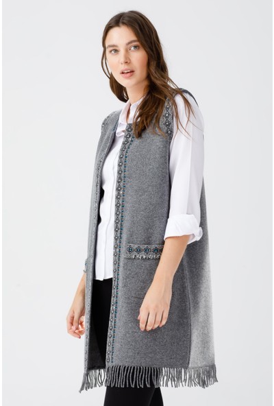 Desen Triko Kadın Sıfır Yaka Eteği Püsküllü Uzun Yelek Füme