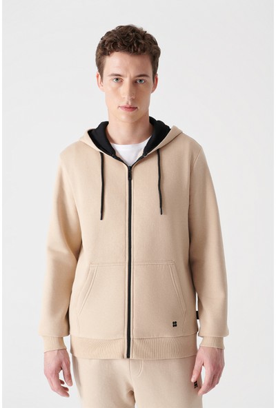 Avva Erkek Bej Fermuarlı Kapüşonlu Yaka Düz Sweatshirt E001019