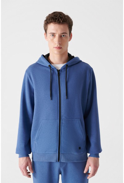 Avva Erkek Indigo Fermuarlı Kapüşonlu Yaka Düz Sweatshirt E001019 Avva Erkek Indigo Fermuarlı Kapüşonlu Yaka Düz Sweatshirt E001019