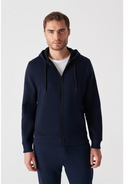 Avva Erkek Lacivert Fermuarlı Kapüşonlu Yaka Düz Sweatshirt E001019