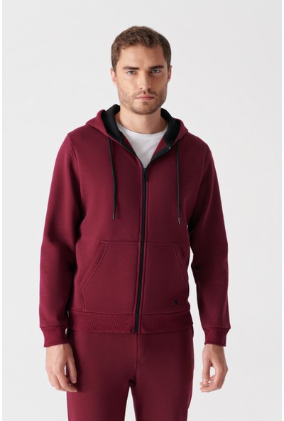 Avva Erkek Koyu Bordo Fermuarlı Kapüşonlu Yaka Düz Sweatshirt E001019