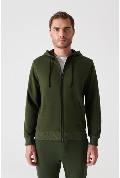 Avva Erkek Haki Fermuarlı Kapüşonlu Yaka Düz Sweatshirt E001019